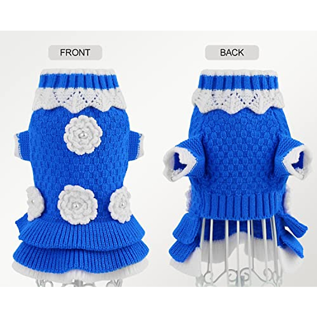Joytale Small Dog Sweater Turtleneck Dress, Soft Warm Winter Pet Cable Knitwear Clothes with Cute Flower, Girl Boy Dog Pullover Knitted Sweaters for Cats Puppies Extra Small Dogs, Blue
