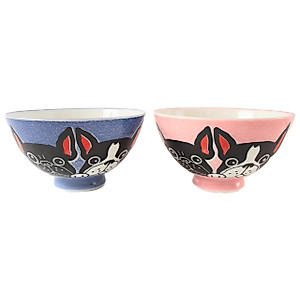 Mino ware Japanese Pottery Pair Rice Bowl French Bulldog Blue & Pink made in Japan (Japan Import) MIG007
