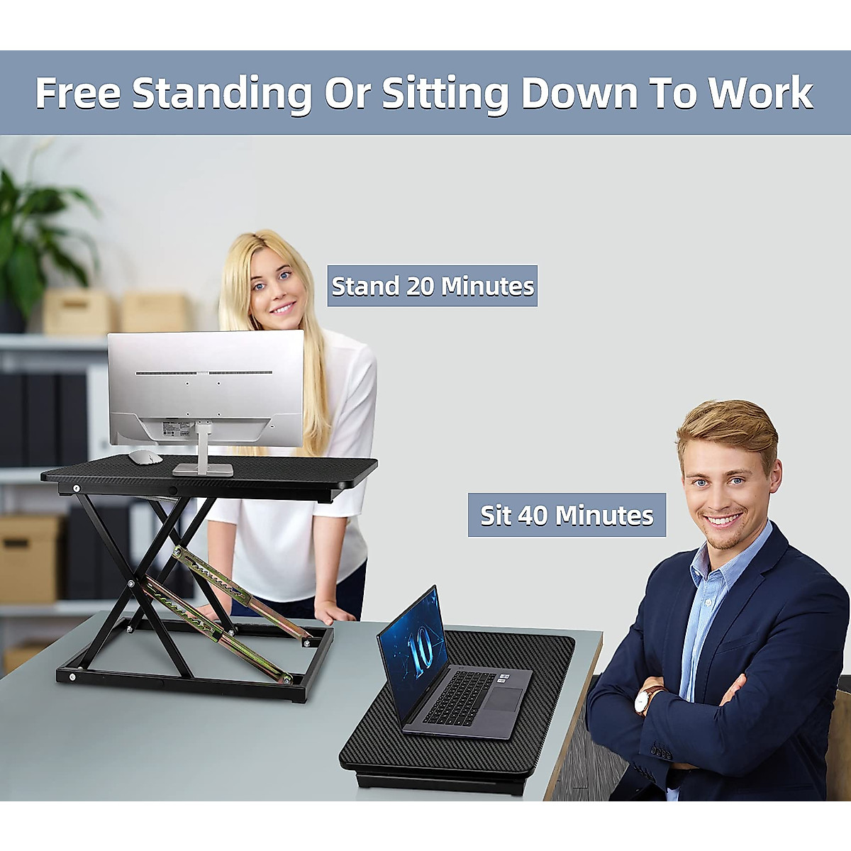 STANDNEE Standing Desk Converter, Height Adjustable Sit Stand Desk Converter, Fully Assembled Monitor Desk Riser for Standing or Sitting, Sit to Stand Desk for Home Office, Black, Pattern.