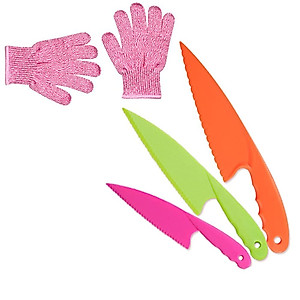 quirzx Kids Knife Set, 3PCS Kid Safe Knives with Cut Resistant Gloves (Ages 6-12), Serrated Edges, BPA-Free, Plastic Kitchen Kids Knives for Real Cooking & Cutting Fruit, Vegetable, Bread, Cake