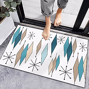 Doormats Absorbent Bath Rugs Non-Slip Backing Front Door Mat Teal Prismatic Stripe Geometric Entrance Floor Mats Mid Century Diamond Pattern Carpet for Bedroom Bathroom Entryway 18x30Inch