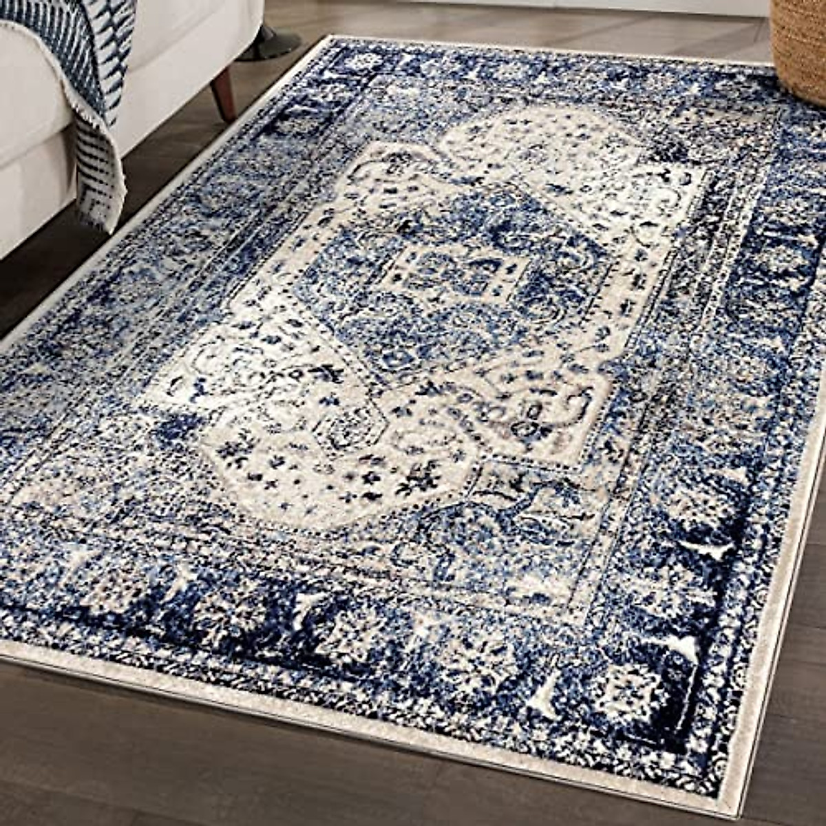 Persian-Rugs Distressed Ivory 5x7 Area Rug, Blue French Country Rug for Living Room and Kitchen