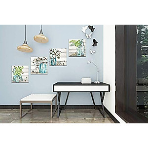 Flower Painting Wall Art Watercolor MasonJar Floral Picture Artwork 4 Panel Modern Oil Painting Print on Canvas for Bedroom Living Ready to Hang