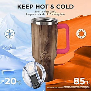 WYUSPGK 40oz Stainless Steel Car Mug, Wood Grain Print Travel Mug, Double-Wall Insulated with Straw, Perfect for Car, Office, Outdoor