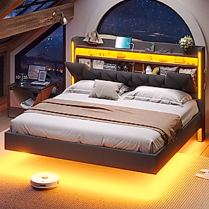 busyaeh King Floating Bed Frame with Hidden Storage Space and Charging Station, RGB Light Fabric Platform Bed with LED Light, No Box Spring Needed, Dark Gray