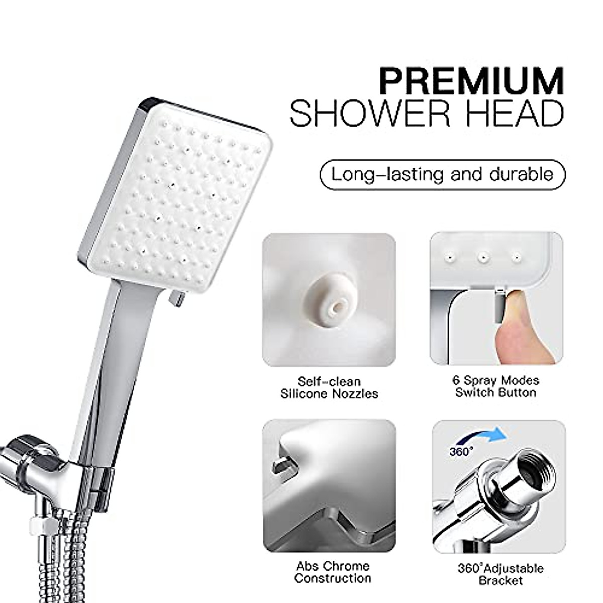 High Pressure Shower Head with Handheld - Modern Square Handheld Shower Heads - 6 Settings Detachable shower head with hose, Change Settings Much Easier Than the Twist Ones, Shower Accessories, Chrome