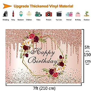 InMemory Glitter Rose Gold Birthday Backdrop Burgundy Flower Happy Birthday Photography Background Pink Gold Floral Backdrops for Women Girl Adult Bday Party Decorations Banner Photo Booth Props 7x5ft