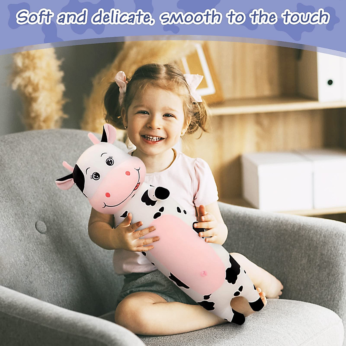 TEFU Lovely Creative Milk Cow Plush Pillow Toys Soft Stuffed Cartoon Animal Cattle Doll Bedroom Sleeping Pillow Cushion,Gifts for Friends Kids (70cm/27.5in)