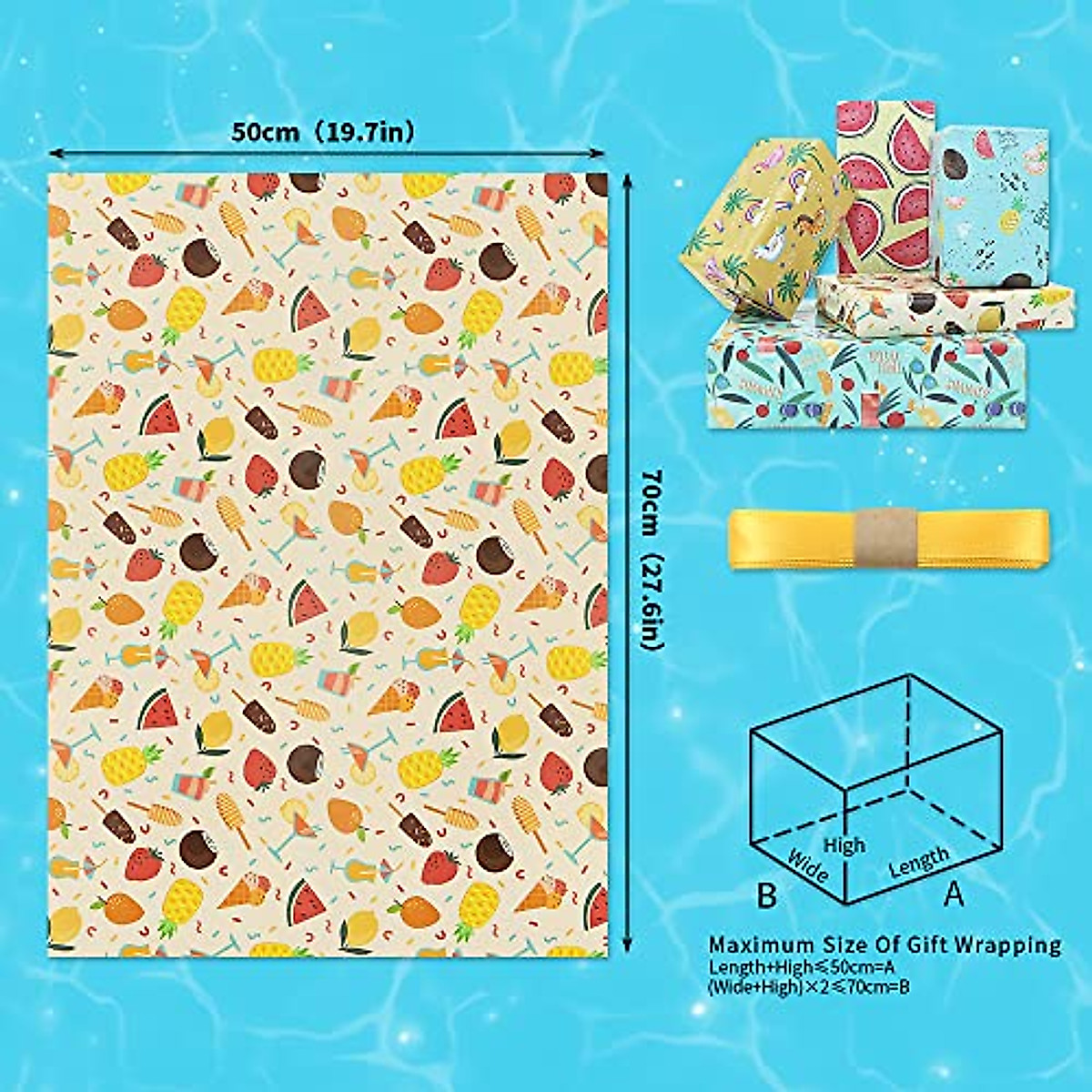 Summer Wrapping Paper Folded Flat, Fruit Tropical Island Beach Theme Wrapping Paper-(5 Designs,10 Sheets,38 sq ft.ttl) - 27 inch X 20 inch Per Sheet-For Kids Boys Girls on Birthday Holiday Baby Shower Pool Party