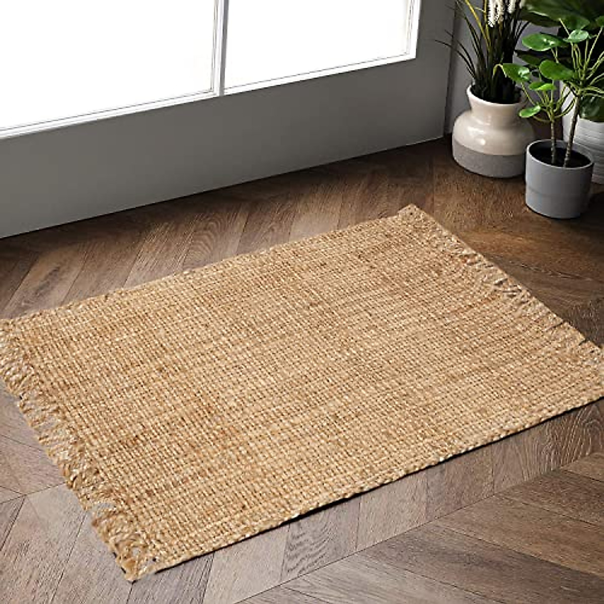 Hausattire Hand Woven Jute Rug, 2'x3' - Natural, Reversible Farmhouse Accent Rugs for Living Room, Kitchen, Bedroom - 24x36 Inches