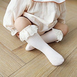 HOUSEYUAN Infant Frilly Baby Girls Knee High Socks White Newborn Thigh Lace Ruffle Long Socks Toddler Tights Stockings 4 Pairs 0-12 Months