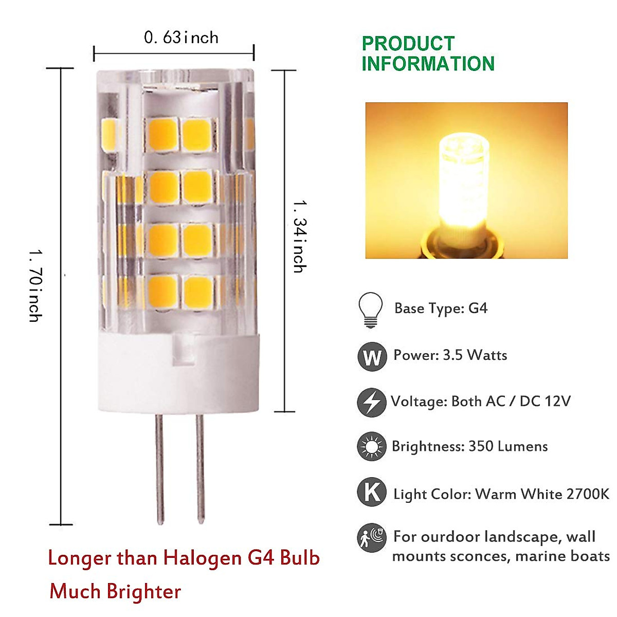 BAYSHE G4 LED Bulb 3.5W 350lm 2700K Warm White (12volt 40watt equivalent) Ceramic AC/DC12V T3 Bi-Pin Base Light for Outdoor Landscape Path Deck Step Paver Lighting,Not dimmable 6-Pack