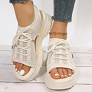Mzluyin Casual Sandals Thick Bottom Muffin Shoes Breathable Mesh Hollow Out Sandals Lace Up Slingback Open Toe Wedges Comfortable Beach Shoes Sandals, 7.5, Beige