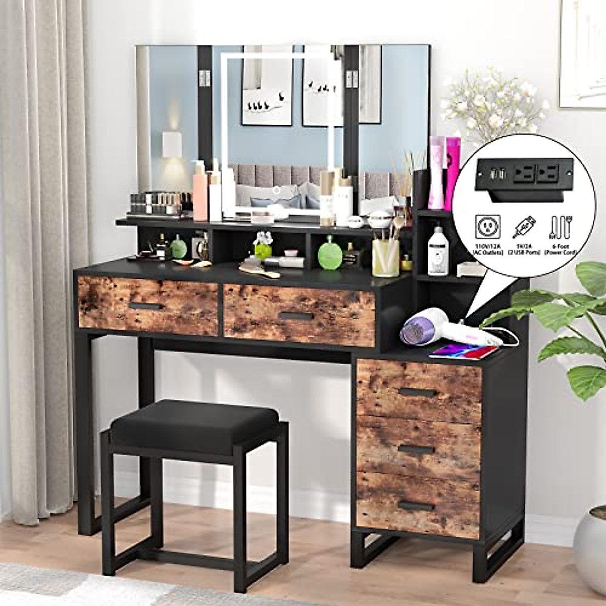 PAKASEPT Vanity Set with Lighted Tri-fold Mirror, Vanity Desk with Charging Station, 3-Color Adjustable Touch Light, 5 Drawers, Storage Shelves&Cushioned Stool Makeup Vanity for Bedroom, Black