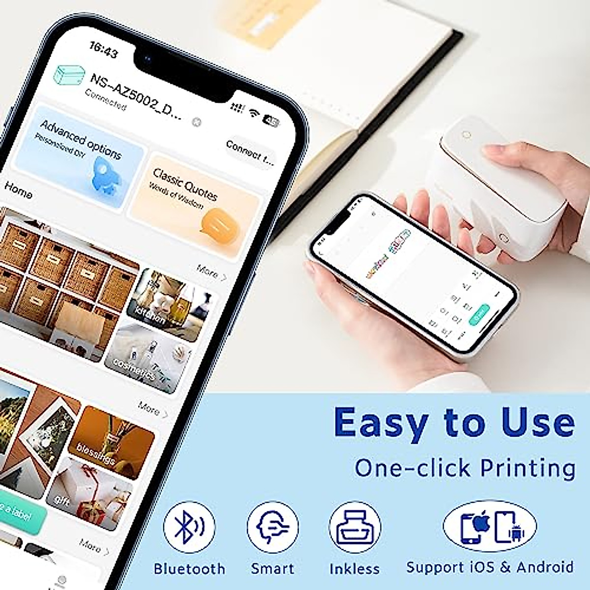 NUSIGN Label Maker Machine with Tape, Portable Bluetooth Label Printer, Wireless & Rechargeable Sticker Mini Label Makers with Multiple Templates Font Icon, White