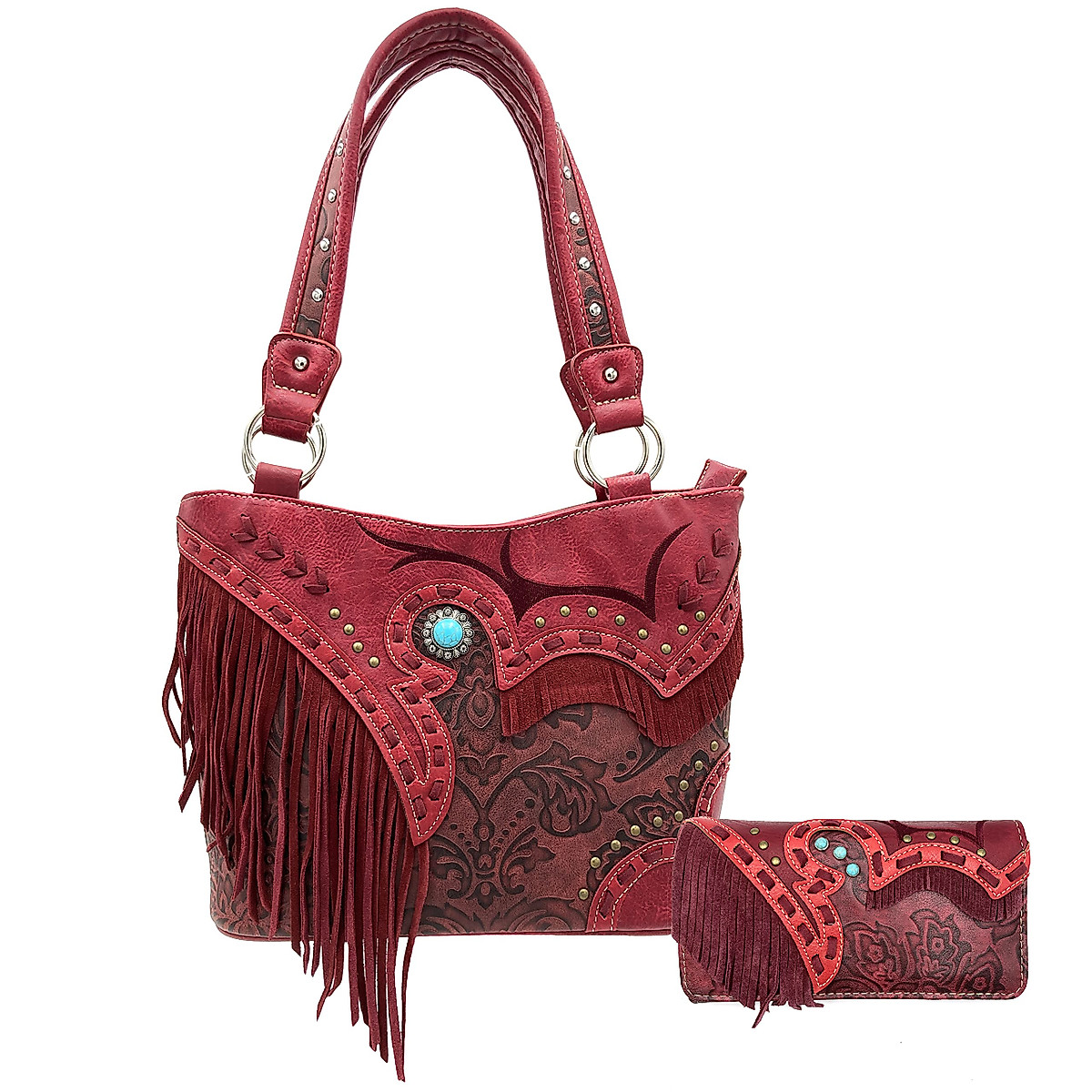 Zelris Women Tote Handbag Wallet Set Turquoise Concho Suede Fringe Two Tone Cowgirl Concealed Carry Purse (Maroon Red)