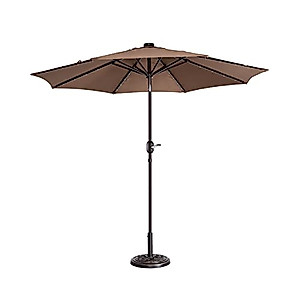VILLACERA 83-OUT5421B, Beige Lighted Patio Shade – 9 Ft Outdoor Umbrella with 19lbs Weighted Base, Solar Powered LED, and Push Button Tilt – Backyard Canopy (Brown)