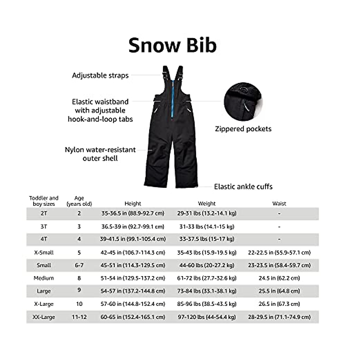 Amazon Essentials Boys' Water-Resistant Snow Bib, Navy, Large