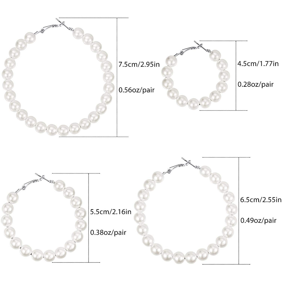Hicarer 4 Pairs Faux Pearl Hoop Earrings for Women Large Big Drop Dangle Earrings Pearl Beaded Earrings Jewelry for Women Girlfriend Brides Gift (Silver Pearl Hoop)