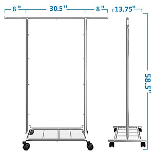 Simple Trending Clothing Garment Rack with Wheels and Bottom Shelves, Extendable, Chrome