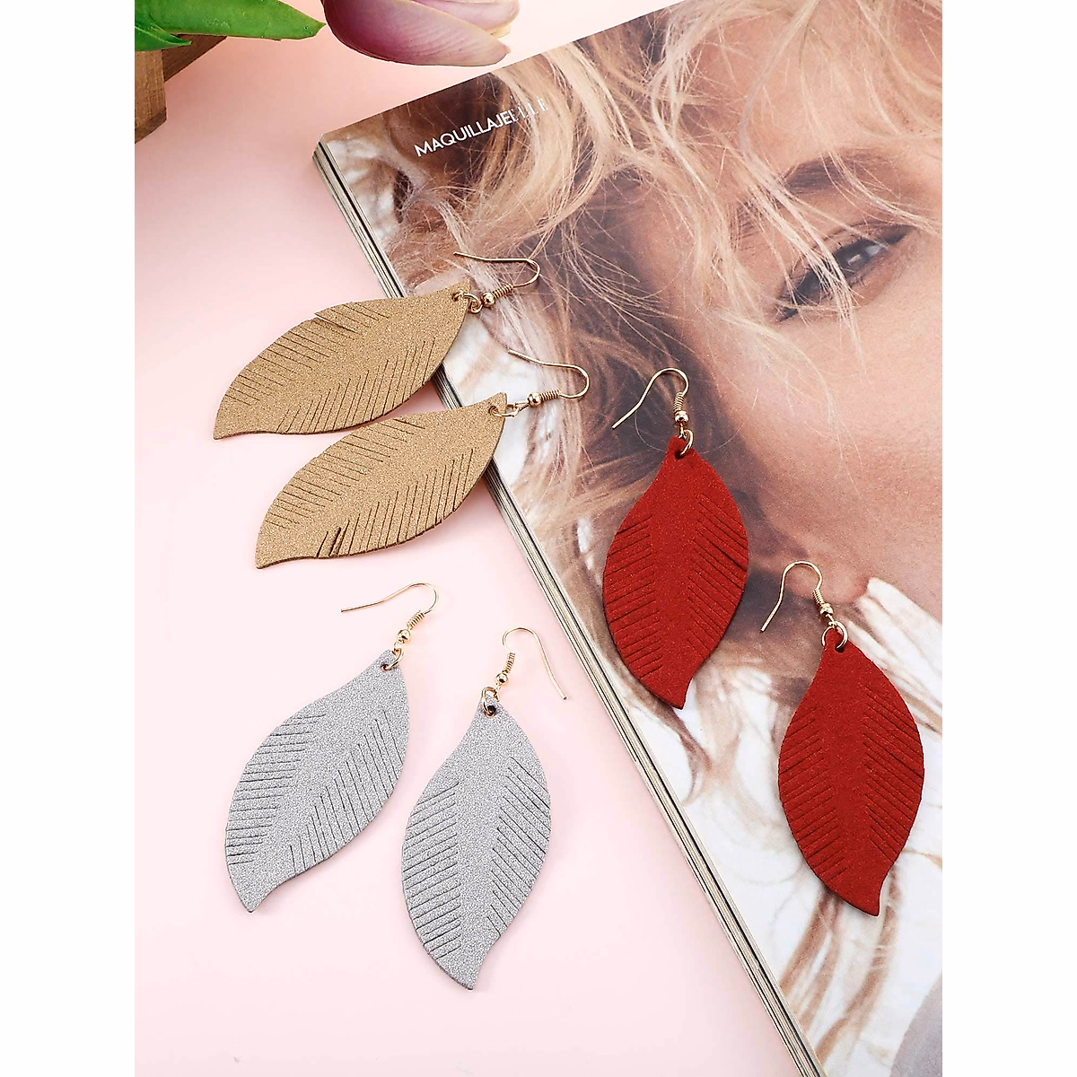 Jovitec 8 Pairs Leather Feather Earrings Teardrop Earrings Leather Lightweight Leaf Earrings for Women Girls Soft Suede Bohemian Feather Shape Earrings Tassel Dangles Fringe Wing, 8 Colors