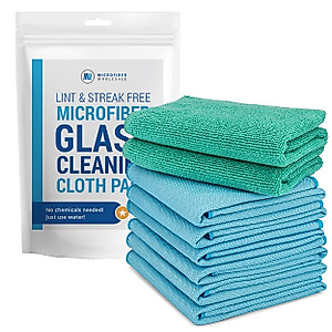 Microfiber Glass Cleaning Cloths | Streak Free Windows & Mirrors | Lint Free Towels | Car Windows Wipes | Polishing Rags | Machine Wash- Blue, Green (8 Pack)