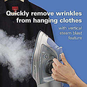 Hamilton Beach Steam Iron & Vertical Steamer for Clothes with Scratch-Resistant Durathon Soleplate, 8' Retractable Cord, 3-Way Auto Shutoff, Anti-Drip, 1800 Watts, Silver and Blue