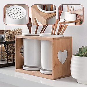 MAEPA Kitchen Utensil Holder Ceramic Utensils Crock Farmhouse Utensil Caddy Cutlery Storage Organizer with Stand for Kitchen Countertop