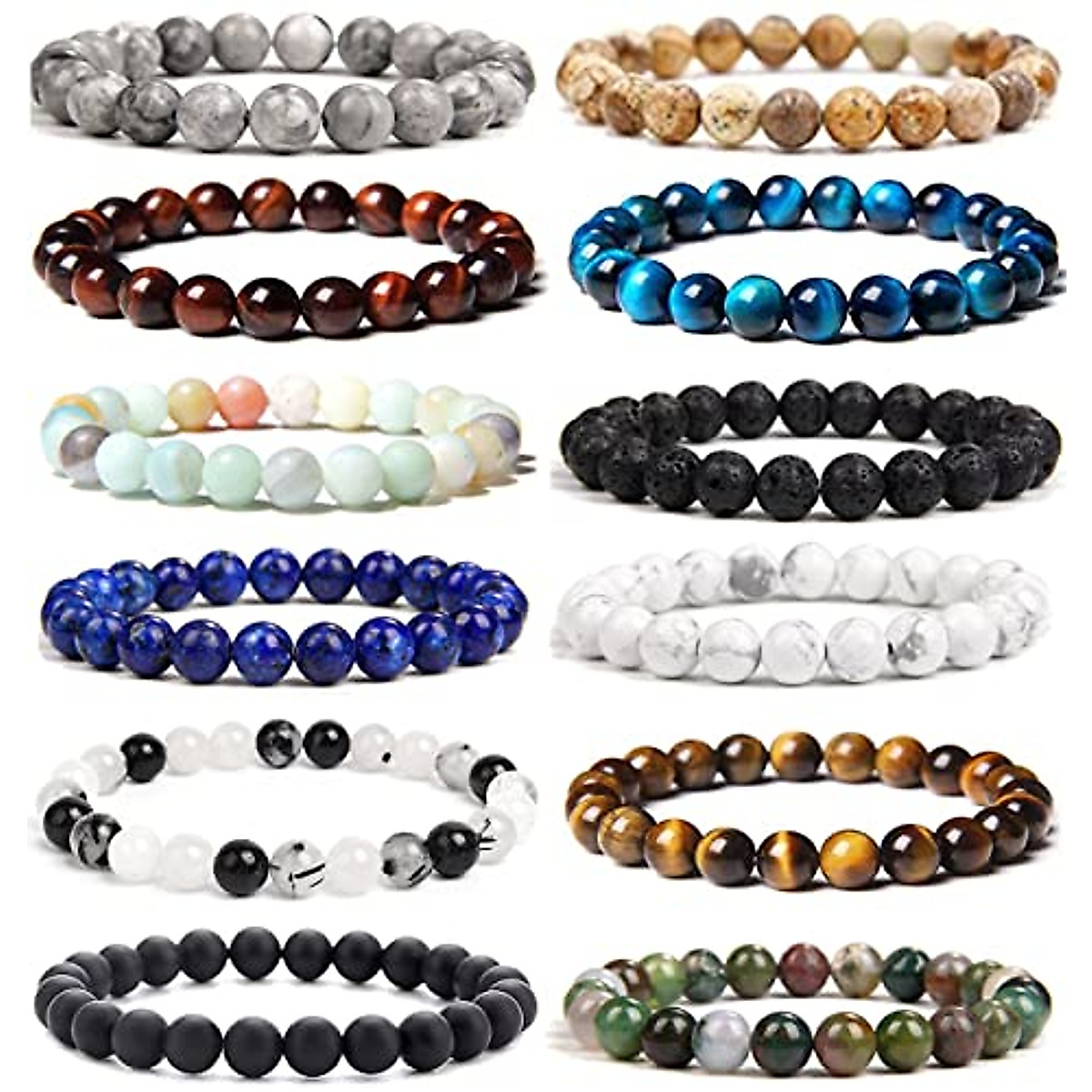FINZOR 12 Pcs 8mm Gemstones Beaded Bracelets for Men Women Semi-Precious Stone Healing Stretch Round Bead Crystal Bracelets Unisex