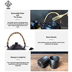 Japanese Asian Tea Set Ceramic Teapot with Strainer, Rattan Handle, 4 Tea Cups, Tea Scoop, Wooden Serving Tray and Instructions - Modern Teapot Set for Home and Office - Gift