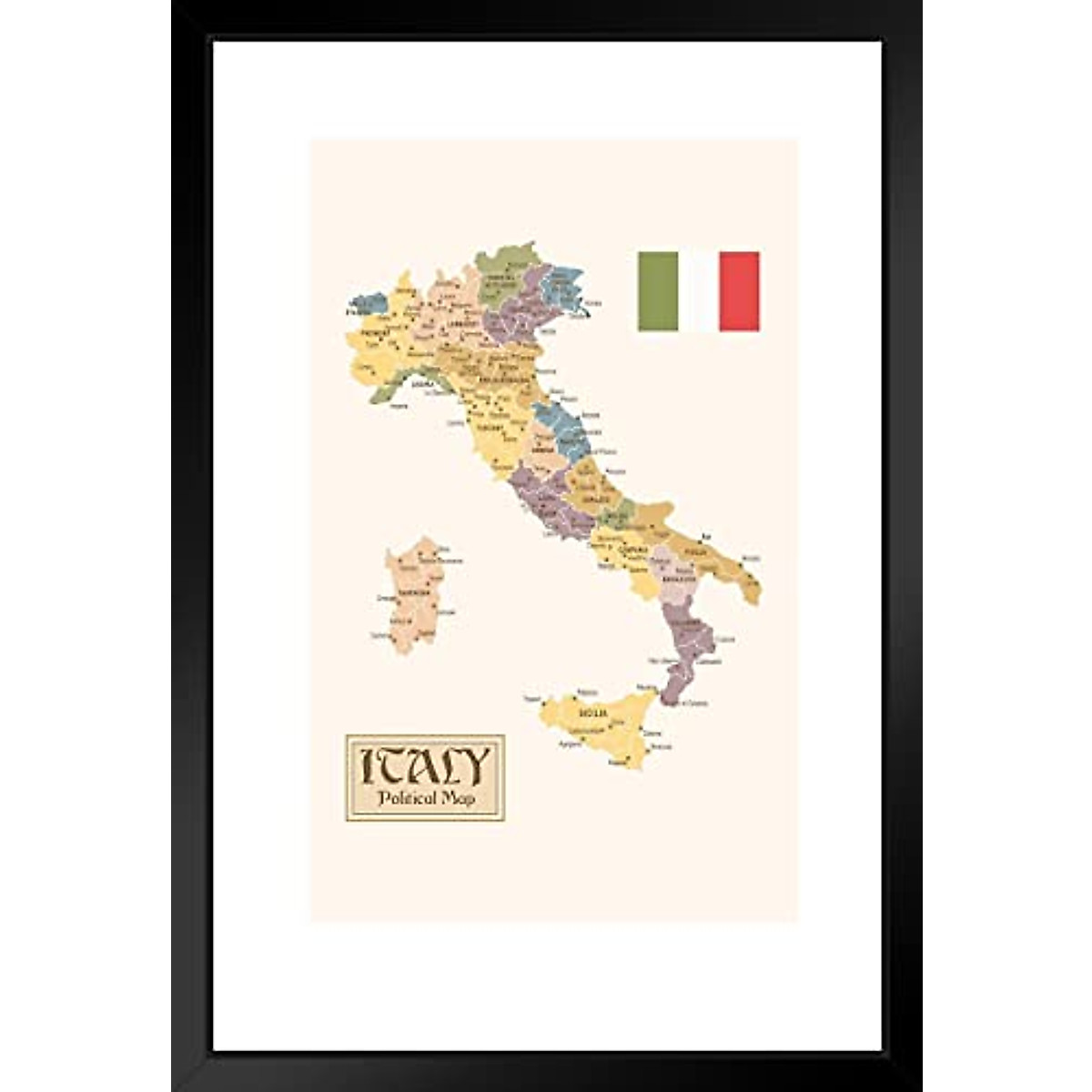Political Map Of Italy Regions Provinces States Flag Vintage Style Matted Framed Wall Art Print 20x26 inch