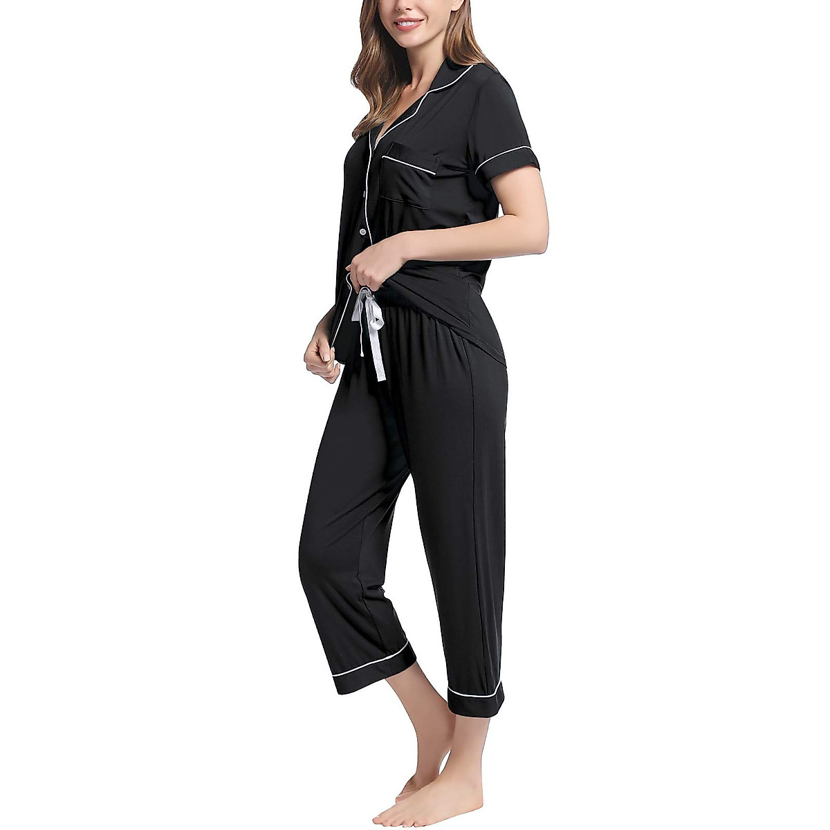 Joyaria Womens Bamboo Viscose Pajamas Set Cooling/Cool Pjs Set Night Sweats Sleepwear Jersey Knit(Black, XL)