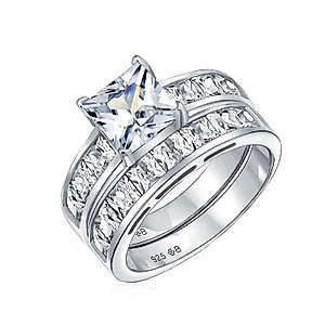 Personalize Traditional 2CT Brilliant Princess Cut Solitaire Side Stonecat CZ Square Anniversary Band Engagement Wedding Ring Set For Women .925 Sterling Silver Customizable