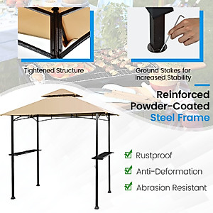 Giantex Grill Gazebo, 8ft x 5ft Grill Station with Canopy, Heavy Duty Steel Frame, 2 Side Shelves, 5 Hooks, 8 Ground Stakes, Outdoor Grill Shelter Barbecue Tent for Backyard Patio Camping (Beige)