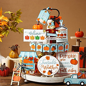 15 Pieces Fall Tiered Tray Decor Set Thanksgiving Pumpkin Tray Decor Scarecrow Truck Fall Decor for Home Autumn Harvest Wooden Table Decorations Signs