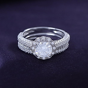 SAVEARTH DIAMONDS 1 1/2 ct. t.w Center 6MM Round Cut Lab Created Moissanite Diamond Double Halo Bridal Set Ring In 14k White Gold Over Sterling Silver (VVS1 Clarity, 1.50 Cttw)-7