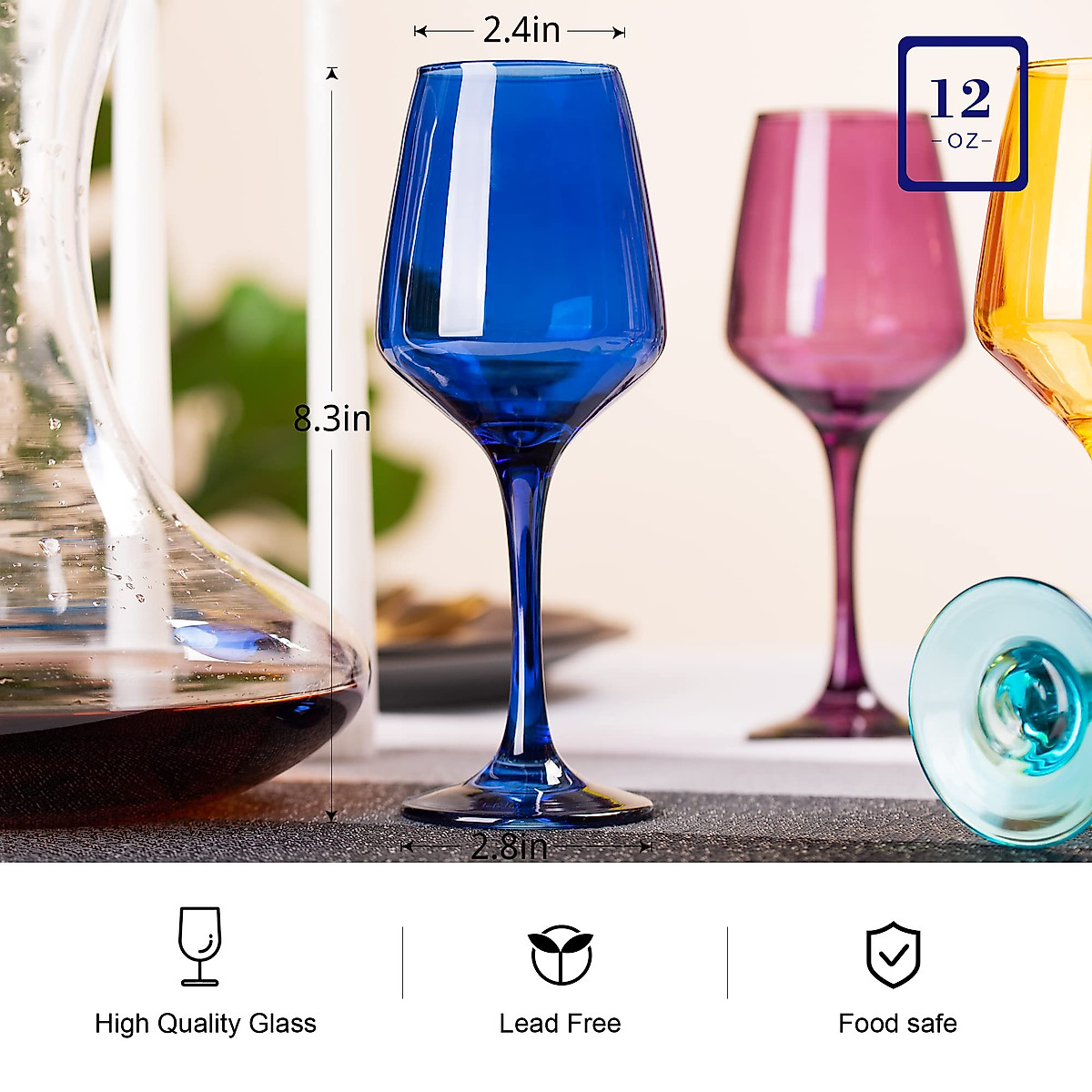 SUNNOW 12 Ounce Multicolor Crystal Wine Glass,for Home Dinning, Bar and Party,6 Pack