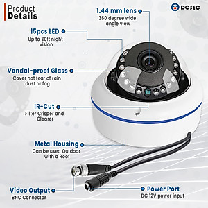 HD 1080P 360 Degree Dome Surveillance Cameras Indoor Outdoor 4 in 1 (TVI/AHD/CVI/CVBS BNC Analog System) 1.44mm Fisheye CCTV View Round Wide Angle Security Camera Coax