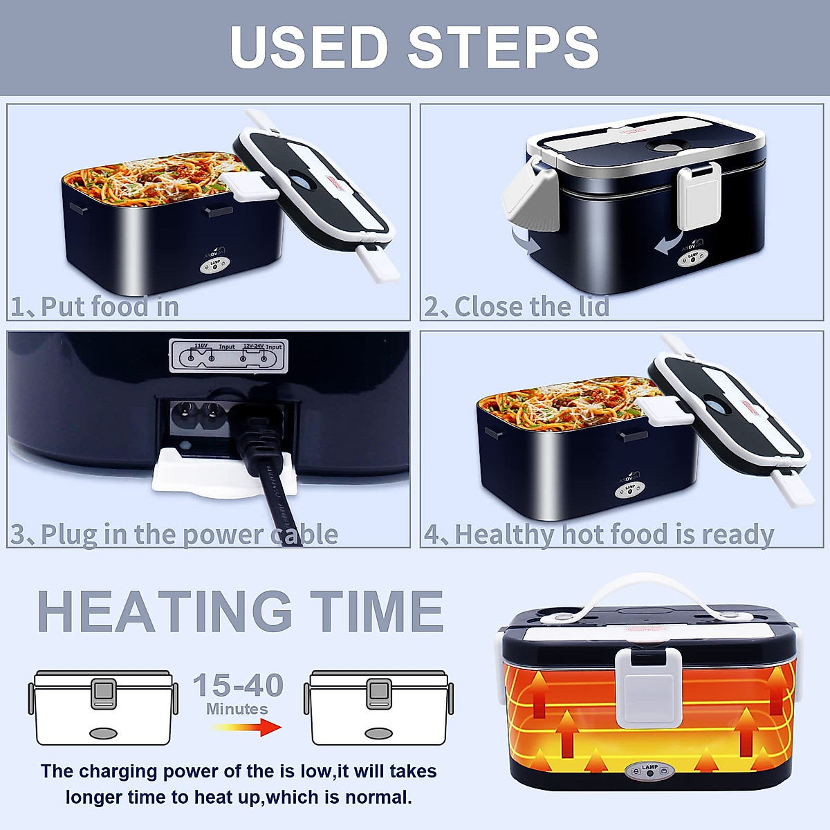 Andvon 80W Fast Heating Electric Lunch Box for Men-1.8L Large-Capacity Portable Food Heater For Adults-Leakproof 3-In-1 Heated Food Warmer For Car/Work With SS Fork&Spoon and Carry Bag