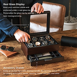 CASE ELEGANCE Monogrammed 8 Slot Watch Box Case Organizer for Men, Cherry Wood Walnut Finish, Watch Display Case, Modular Valet Tray, Compatible with Apple Watch Stand, Accessory Drawer, Pillow Stands