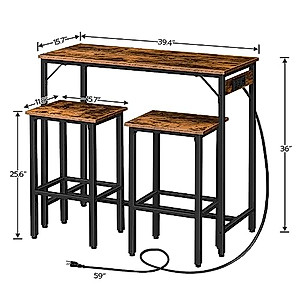 HOOBRO Bar Table Set with Power Outlet, Bar Table and Chairs Set, 3-Piece Pub Table Set, Kitchen Bar Height Table with Stools of 2, for Living Room, Dining Room, Rustic Brown and Black BF45UBT01