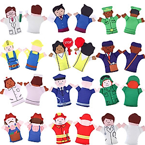 Happy Helpers Finger Puppets 12-Piece Set - Teach and Learn with a Variety of Neighborhood People Characters - Free Bonus E-Book - for Families, Children, Kindergarten, Play and ESL