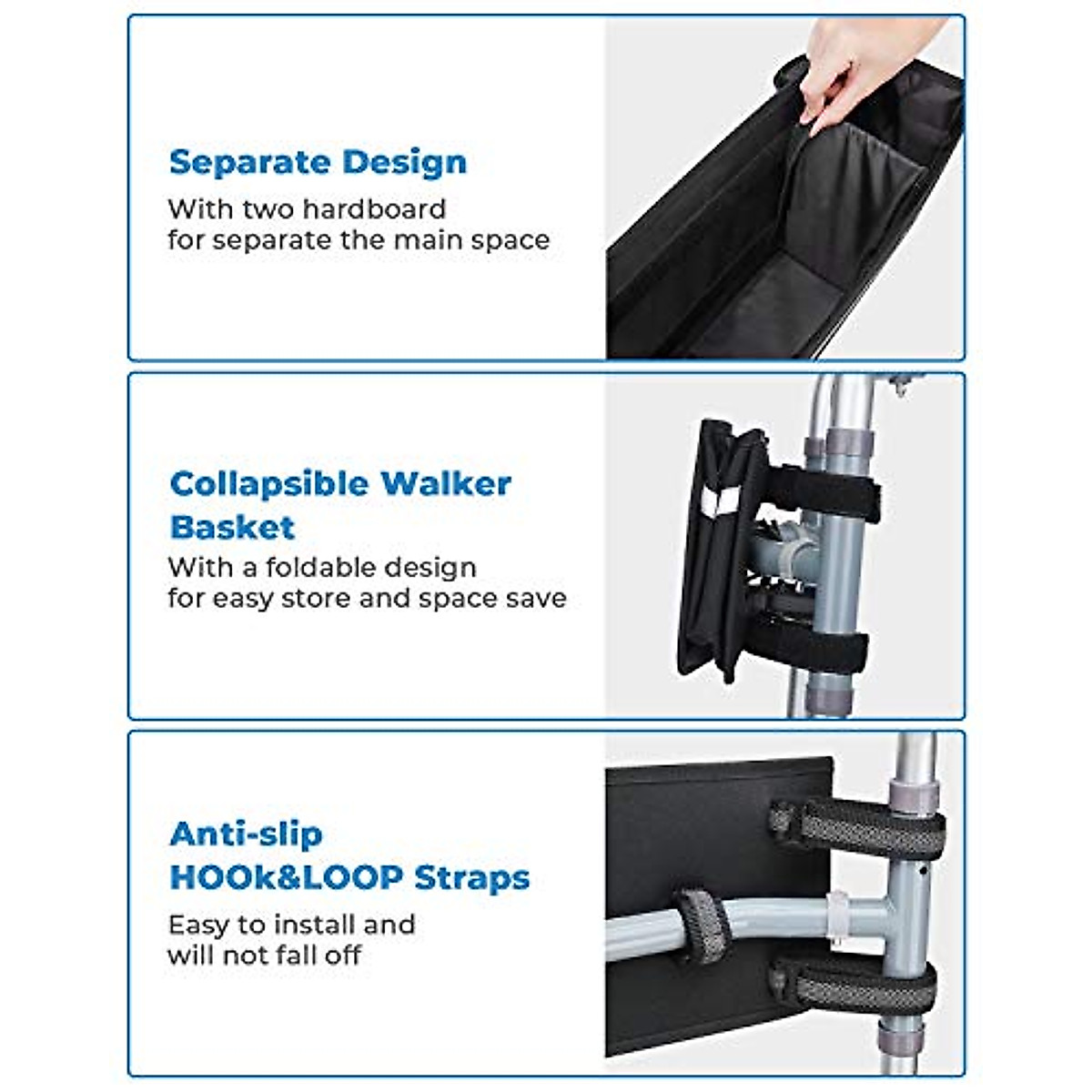 ISSYAUTO Walker Basket, Strap Mount Walker Cup Drink Holder with Two Split Board, Foldable Walker Storage Bag, Best Gift for Family and Friends - Black (Not Fit Rollator Walkers)