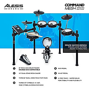 Alesis Drums Command Mesh SE Kit - Electric Drum Set with Quiet Dual Zone Mesh Pads, USB MIDI Connectivity and 600+ Electronic & Acoustic Drum Sounds