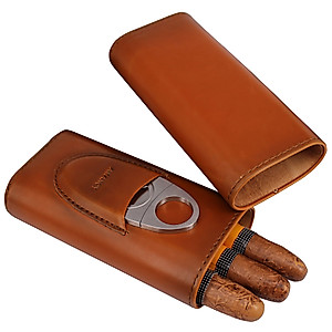 AMANCY Premium 3- Finger Brown Leather Cigar Case, Cedar Wood Lined Cigar Humidor with Silver Stainless Steel Cutter