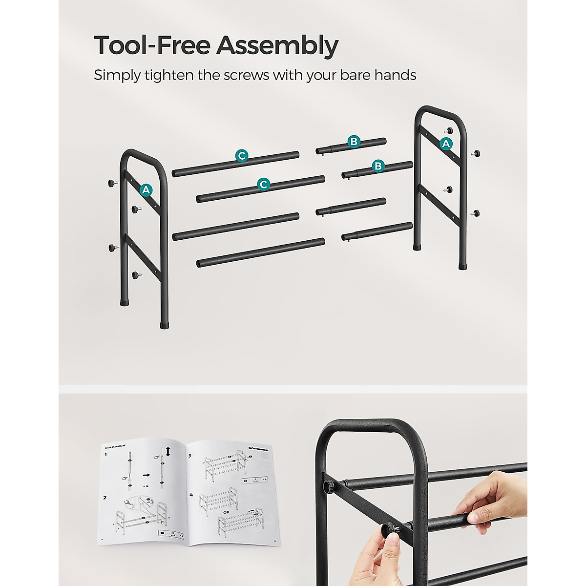 SONGMICS Expandable Shoe Rack, 2 Tier Shoe Rack Shelf, Adjustable Shoe Organizer Storage for 15 Pairs of Shoes, Metal Free Standing Shoe Racks for Closet, Front Door Entryway, Easy Assembly, Ink Black