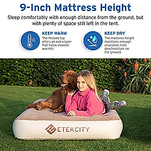 Etekcity Upgraded Camping Air Mattress, Queen Twin Airbed Height 9", Inflatable Bed Blow Up Mattress Raised Airbed with Rechargeable Pump, 2-Year Warranty, Storage Bag,Brown