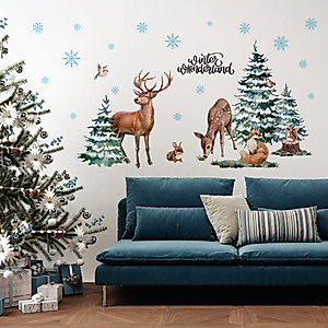 Mfault Winter Christmas Forest Deer Wall Decals Stickers, Xmas Wonderland Pine Tree Animals Elk Squirrel Rabbit Nursery Decorations Kids Bedroom Art, Snowflakes Baby Boys Girls Room Decor