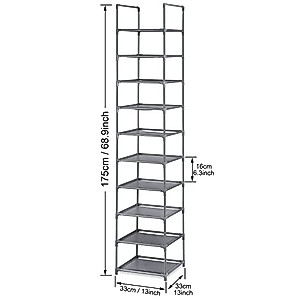 Hossejoy 10 Tier Shoe Rack, Metal Shoe Shelf Storage, Tall Vertical Storage Organizer Stand, Home Shoe Tower with Non-Woven Fabric for Narrow Space, Cloakroom, Entryway, Grocery Room (Grey)