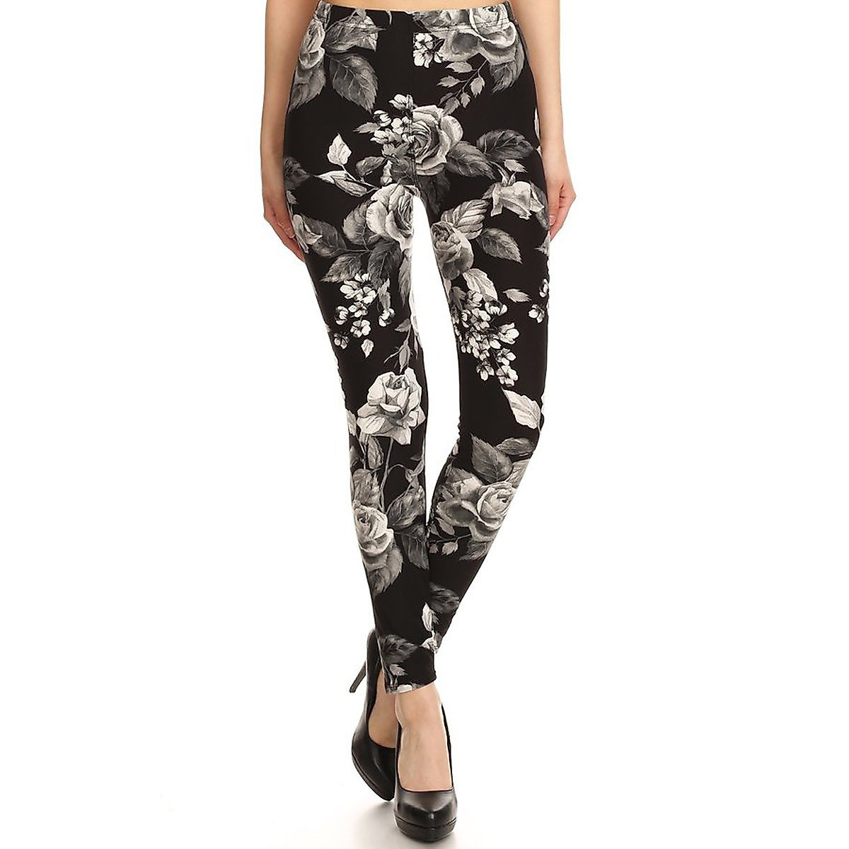 Leggings Depot High Waisted Floral & Space Print Leggings for Women-Full Length-R603, Charcoal Rose, Plus Size